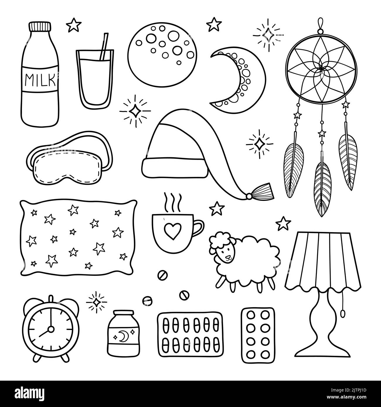 Sleep and insomnia outline items including moon, milk, stars, sheep ...