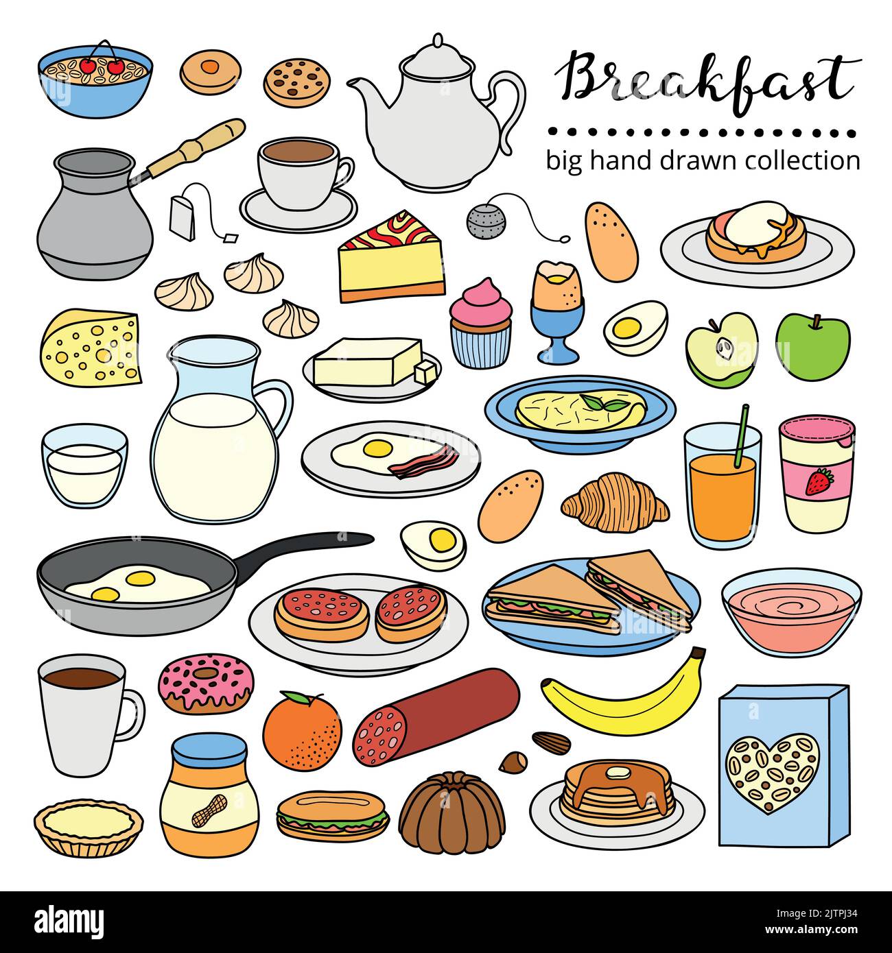 Collection of hand drawn buffet style breakfast dishes including eggs ...