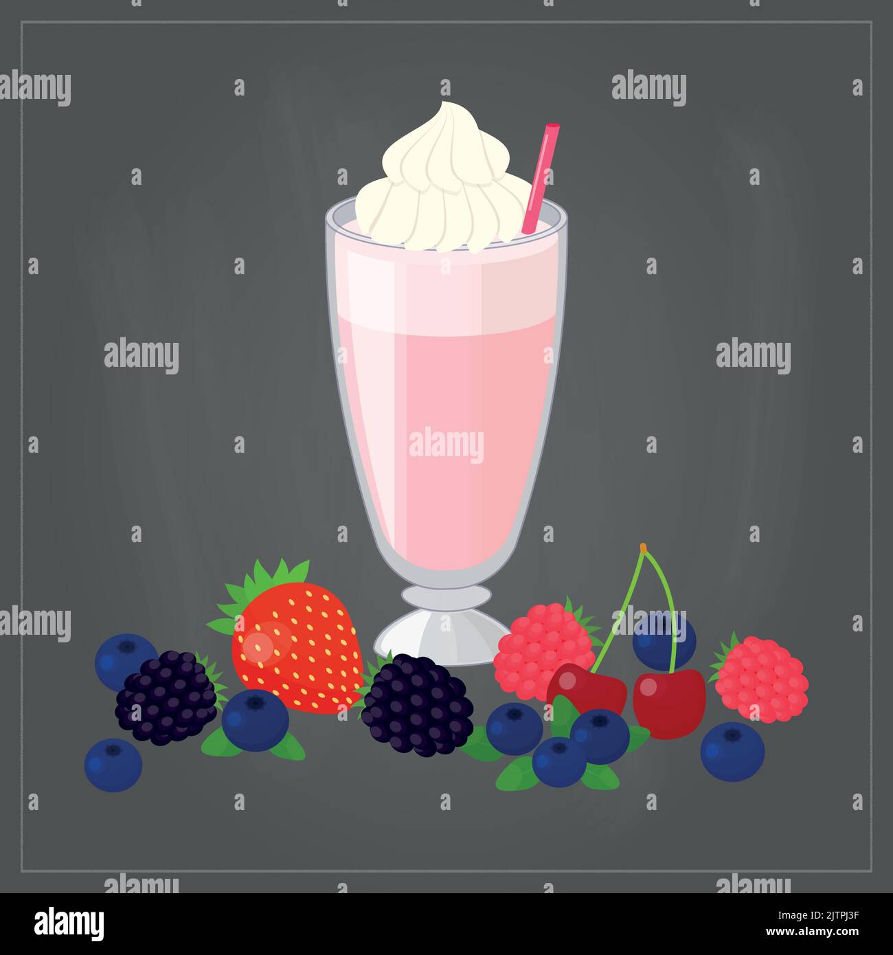 Cartoon milkshake in glass with berries isolated on chalkboard ...