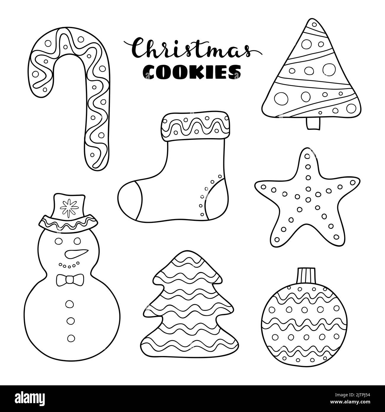 Doodle outline Christmas cookies with decor isolated on white ...