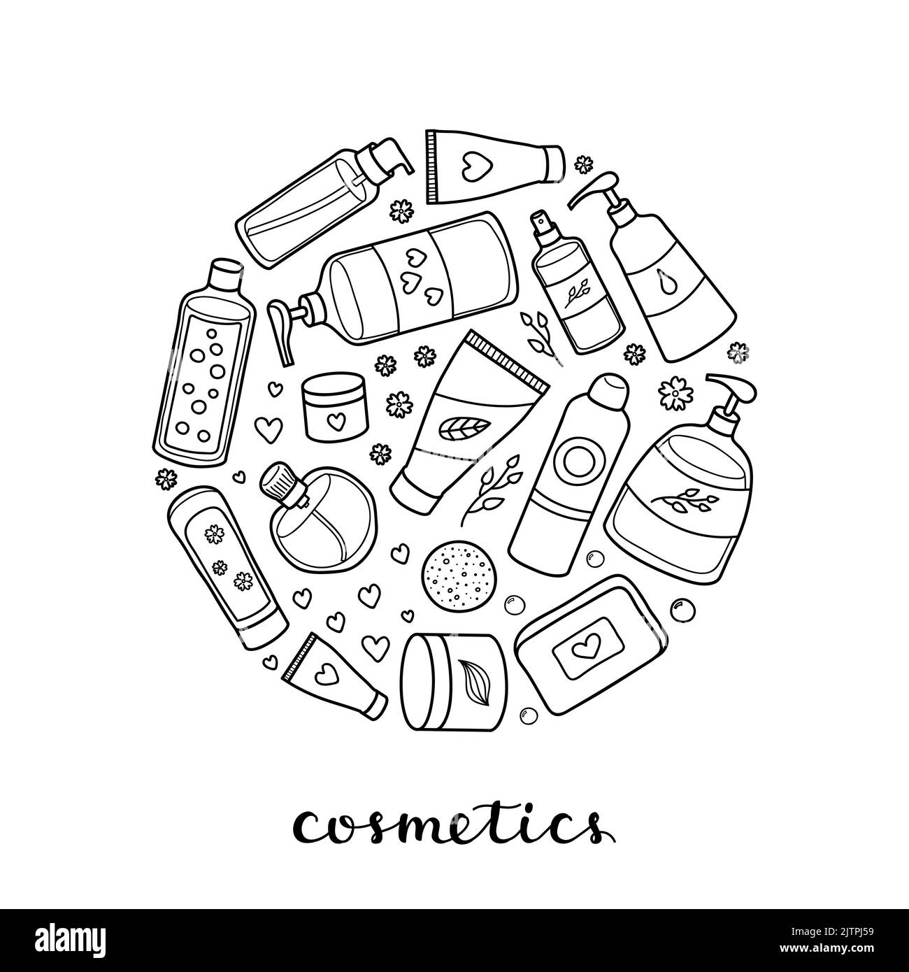 Hand drawn outline beauty products for body and hair composed in circle ...