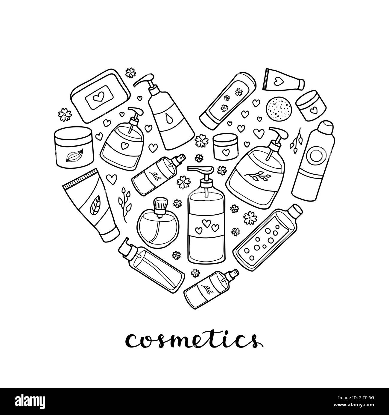 Hand drawn outline beauty products for body and hair composed in heart ...