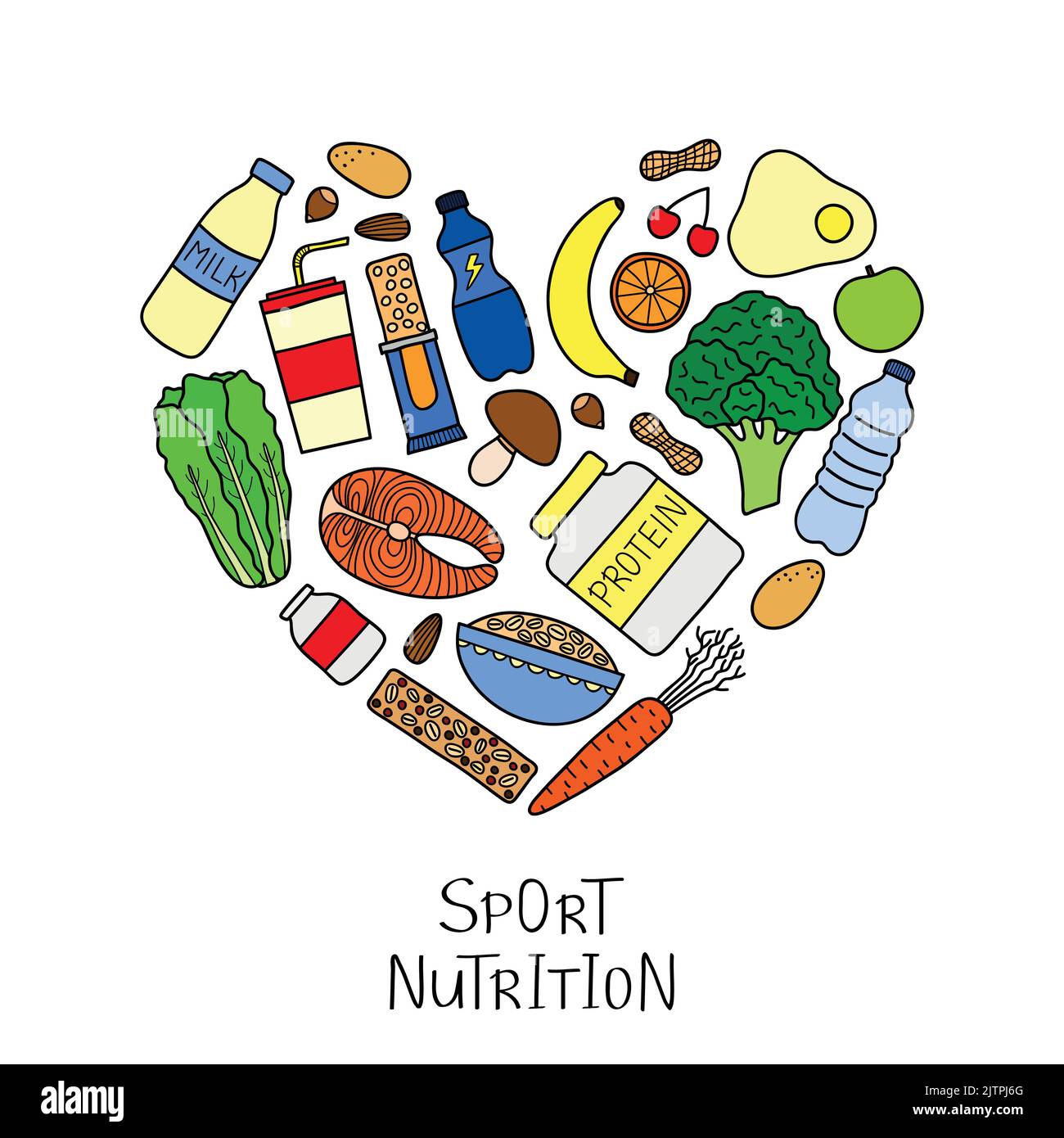 Hand drawn sport nutrition items including protein, fruits, nuts ...