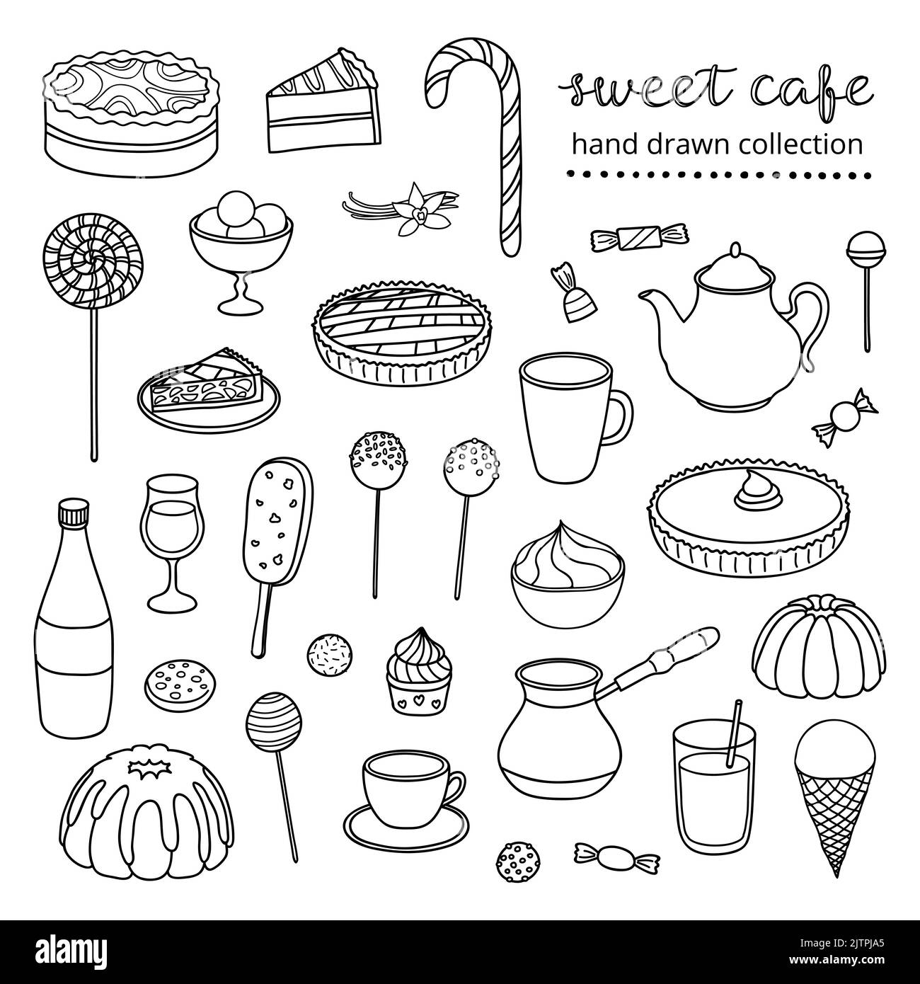 Hand drawn collection of outline sweets, cakes, ice cream, pies, coffee ...