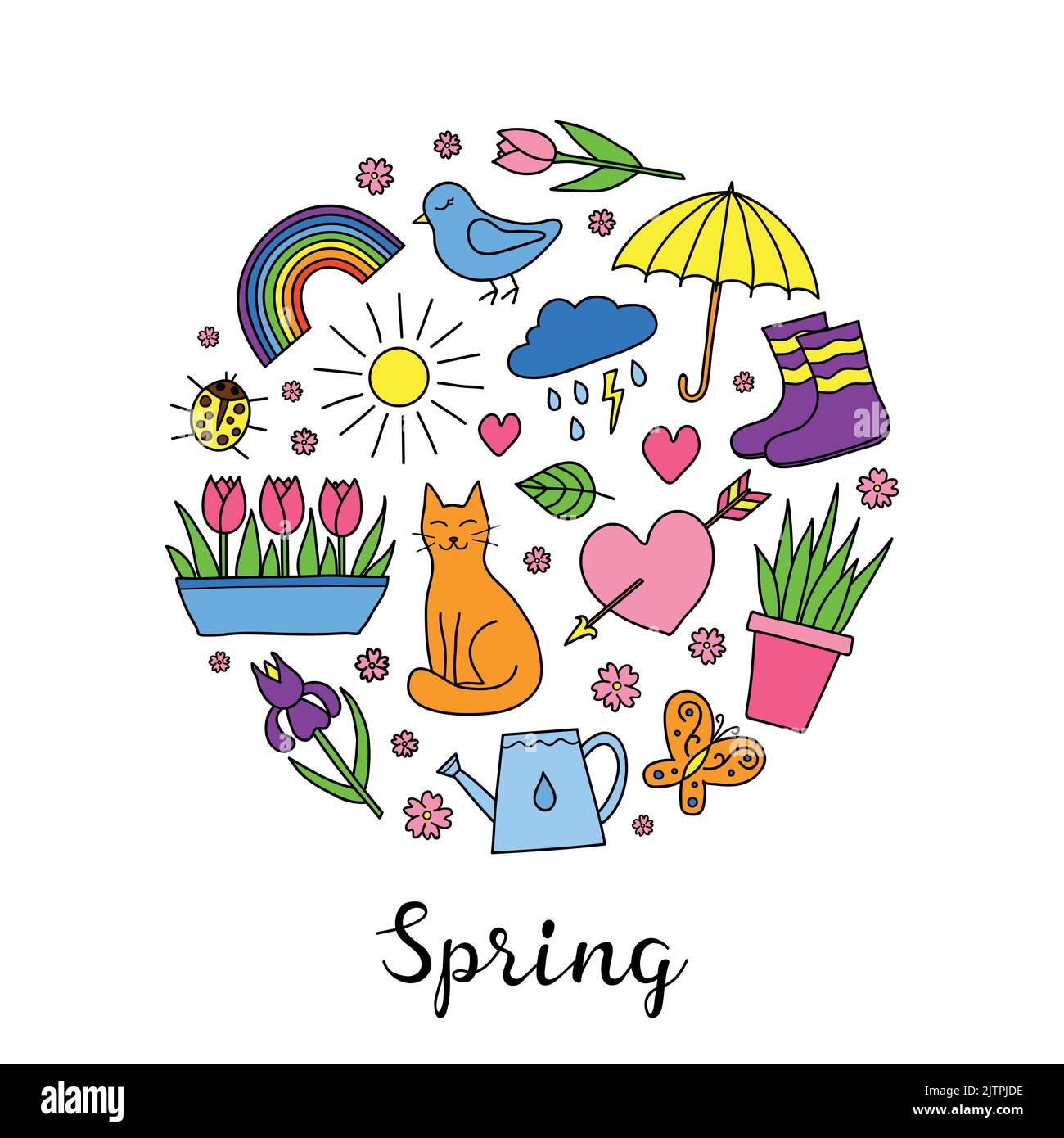 Hand drawn spring items including sun, cloud, umbrella, boots, flowers ...