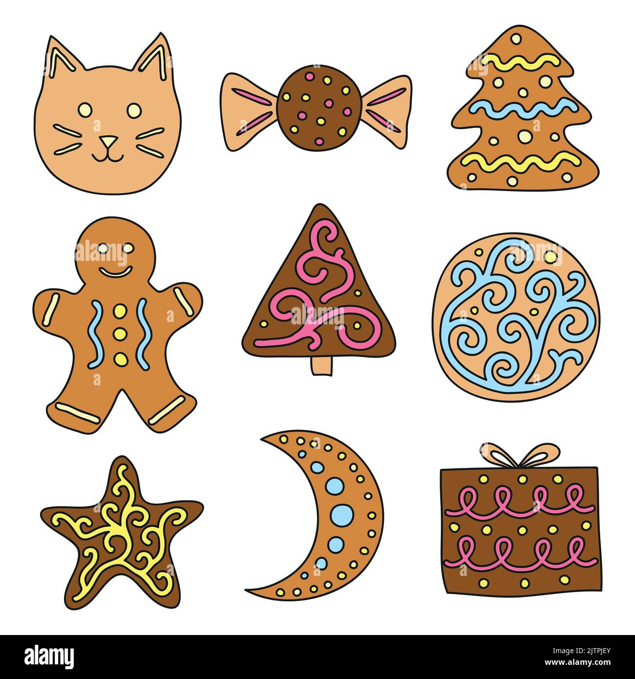 Collection of hand drawn cute colorful cookies with icing isolated on ...