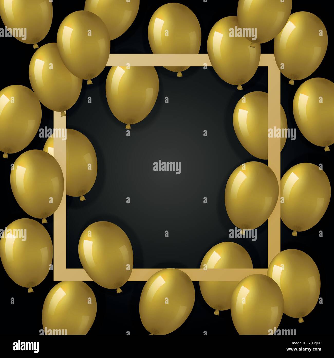Black background with realistic golden helium balloons and square frame ...