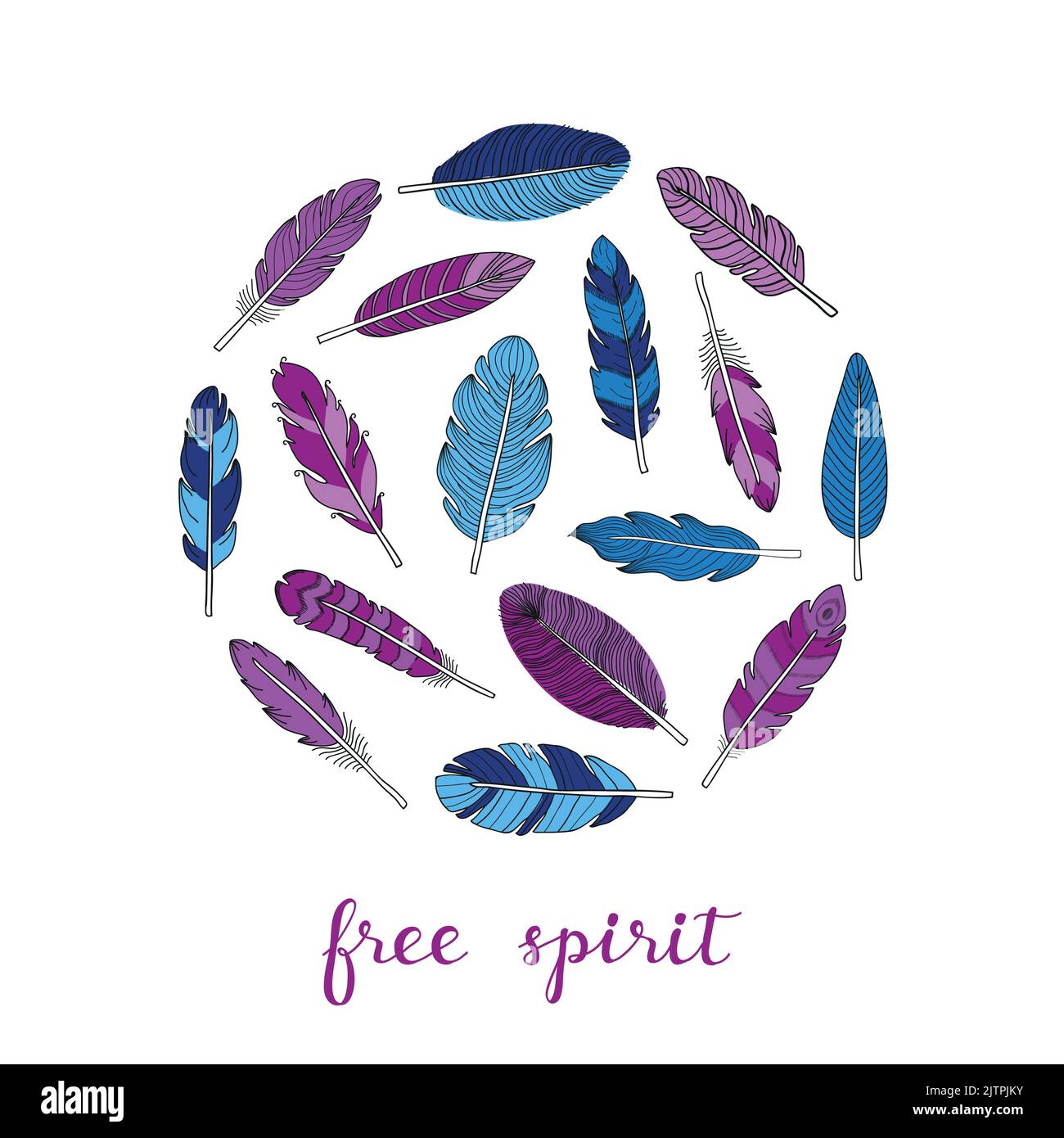 Hand drawn colorful indian boho feathers composed in circle shape on white background Stock ...