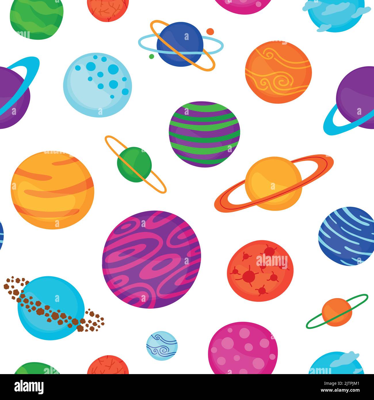 Bright seamless pattern with different cartoon fantastic space planets ...