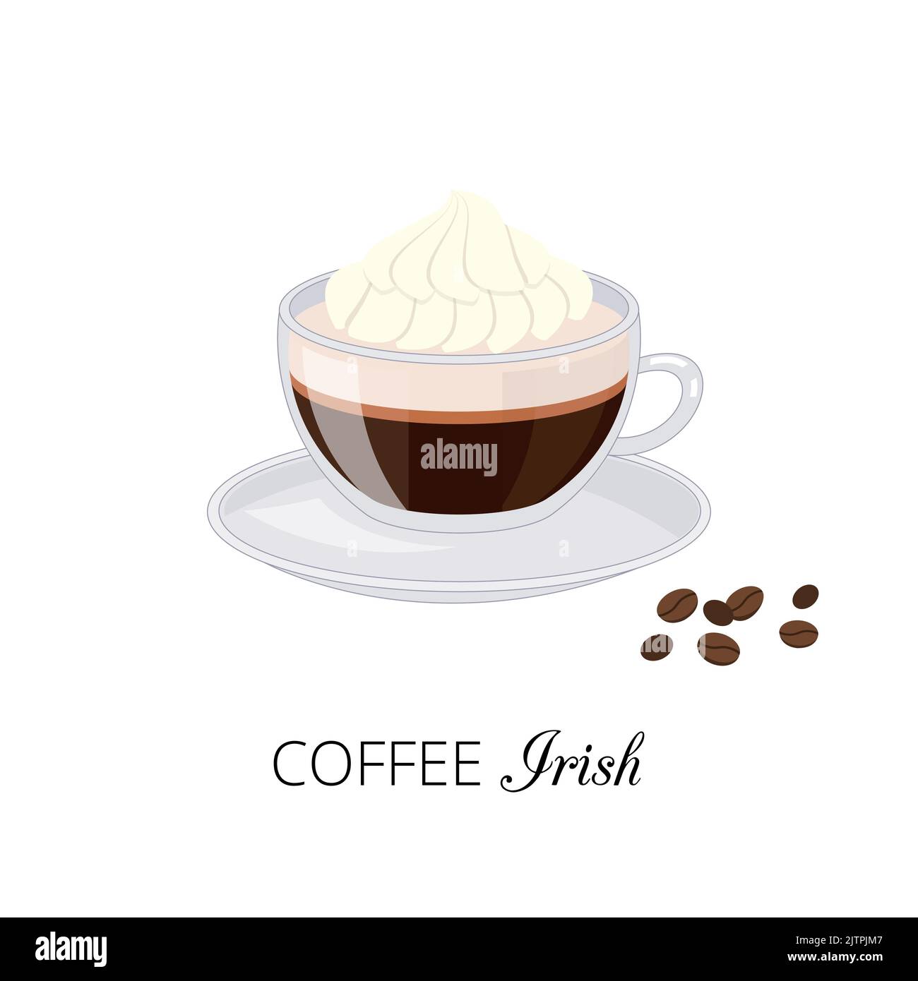 Cartoon irish coffee with whipped cream in glass cup isolated on white ...