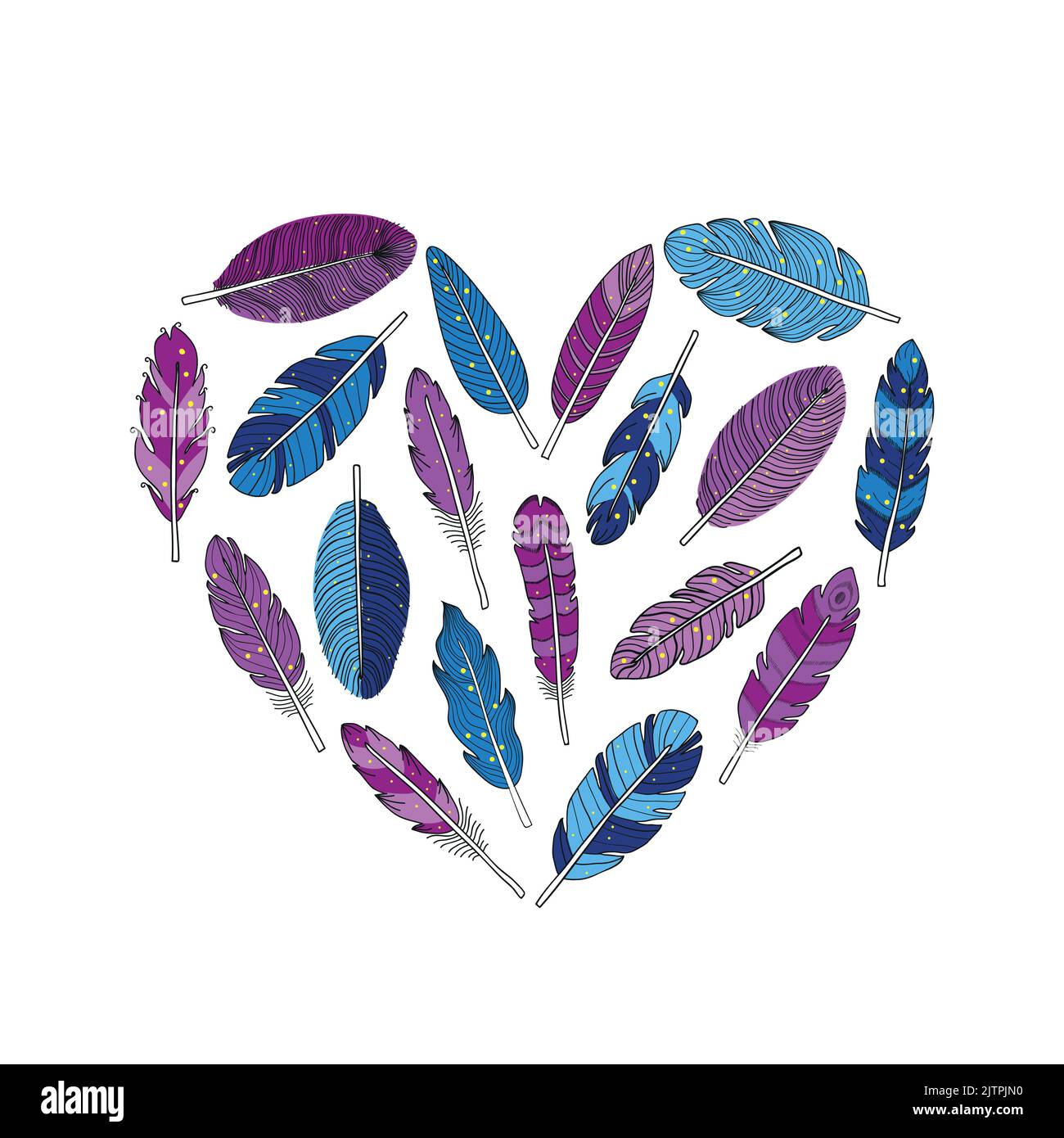 Hand drawn colorful indian boho feathers composed in heart shape on ...