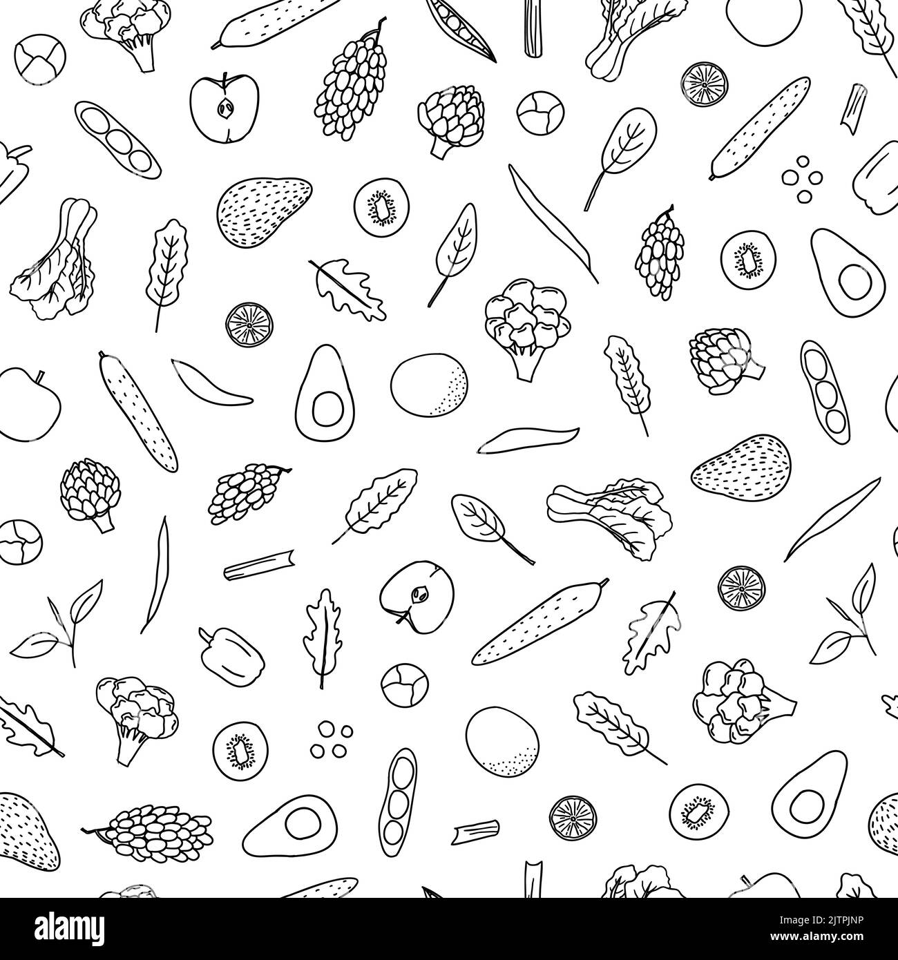 Black and white seamless pattern with hand drawn outline vegetables and ...