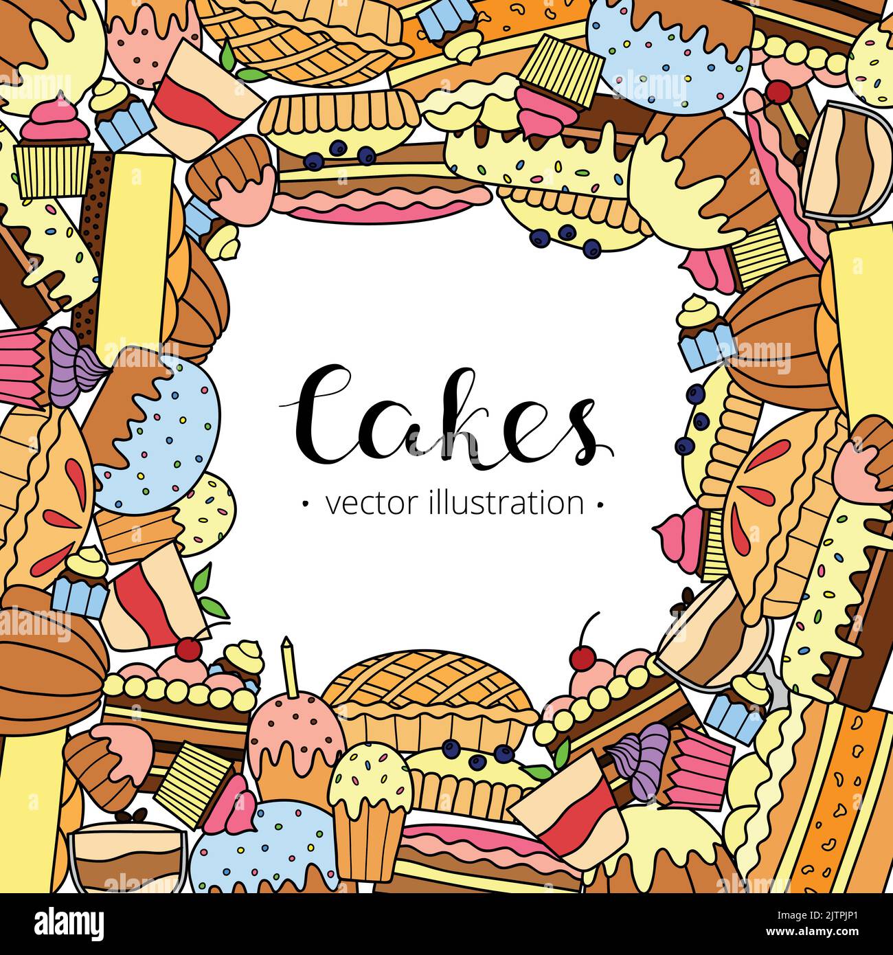 Square background with different colorful doodle cakes, desserts and ...