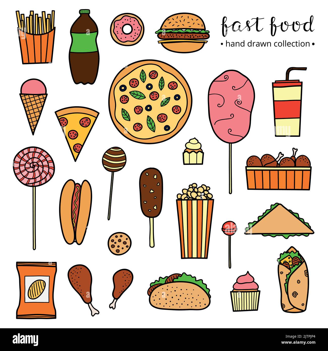 Collection of hand drawn fast food meals including pizza, burger, ice ...