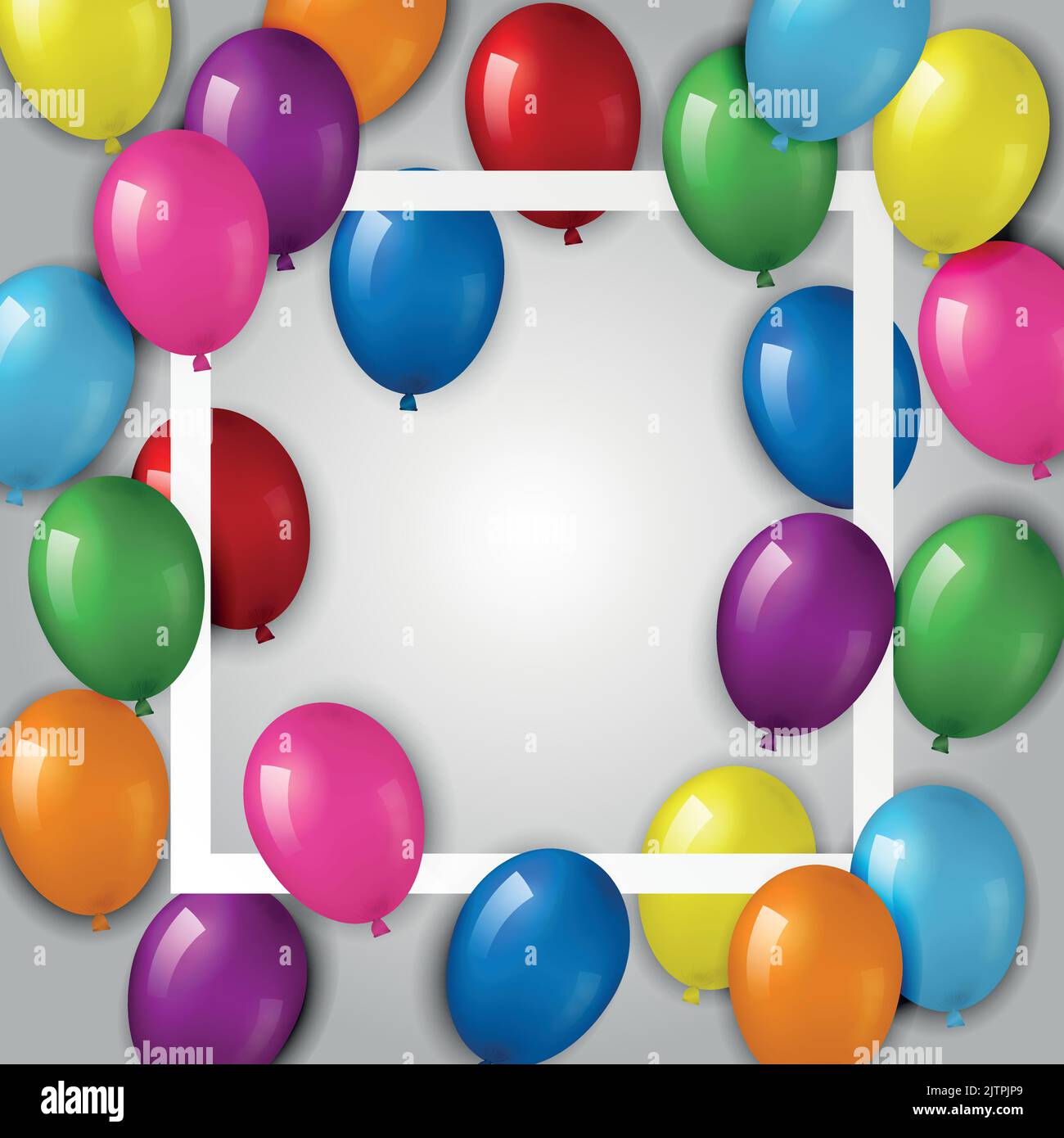 Grey background with realistic colorful helium balloons and square ...