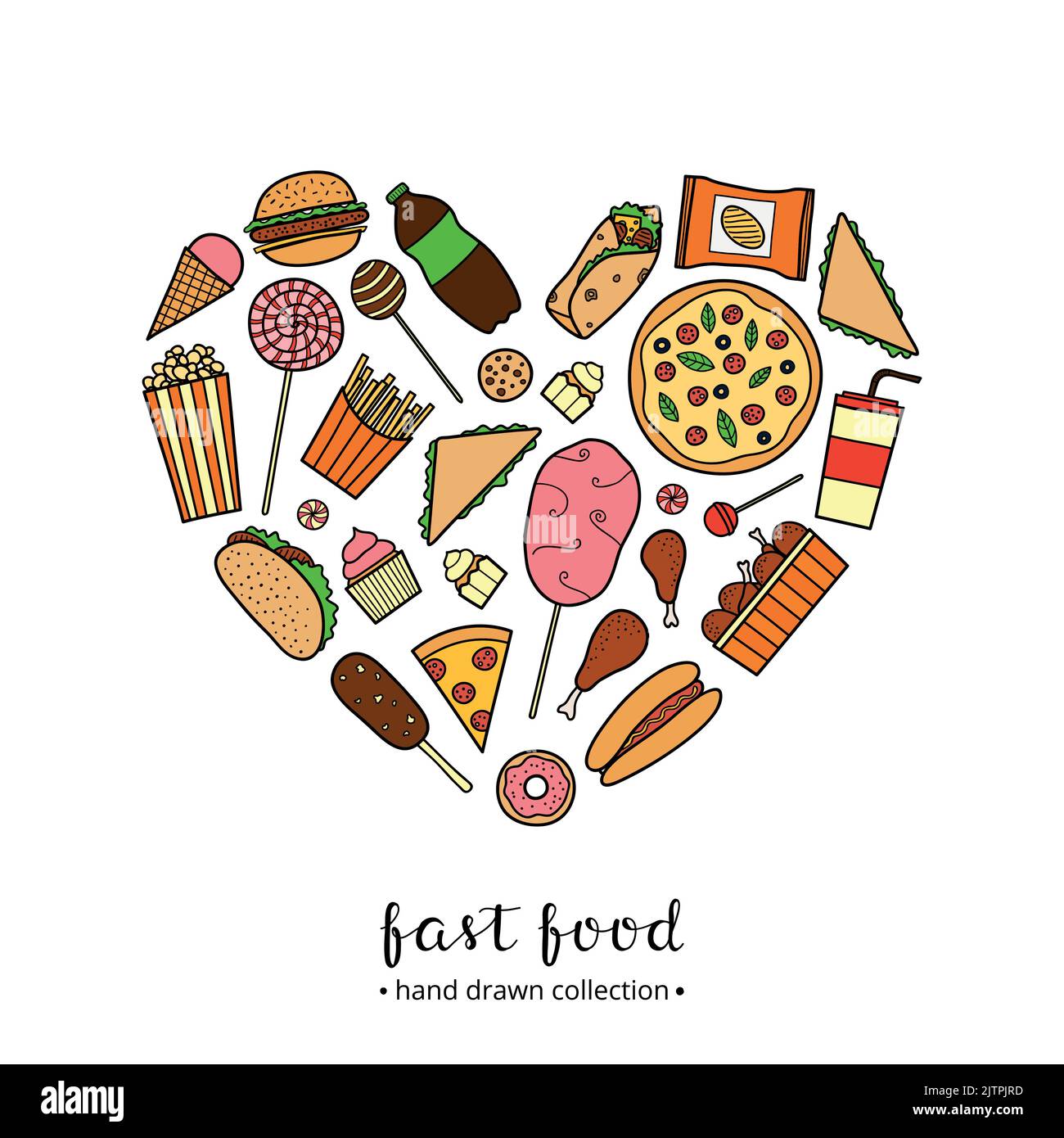 Hand drawn fast food meals composed in heart shape with lettering Stock ...