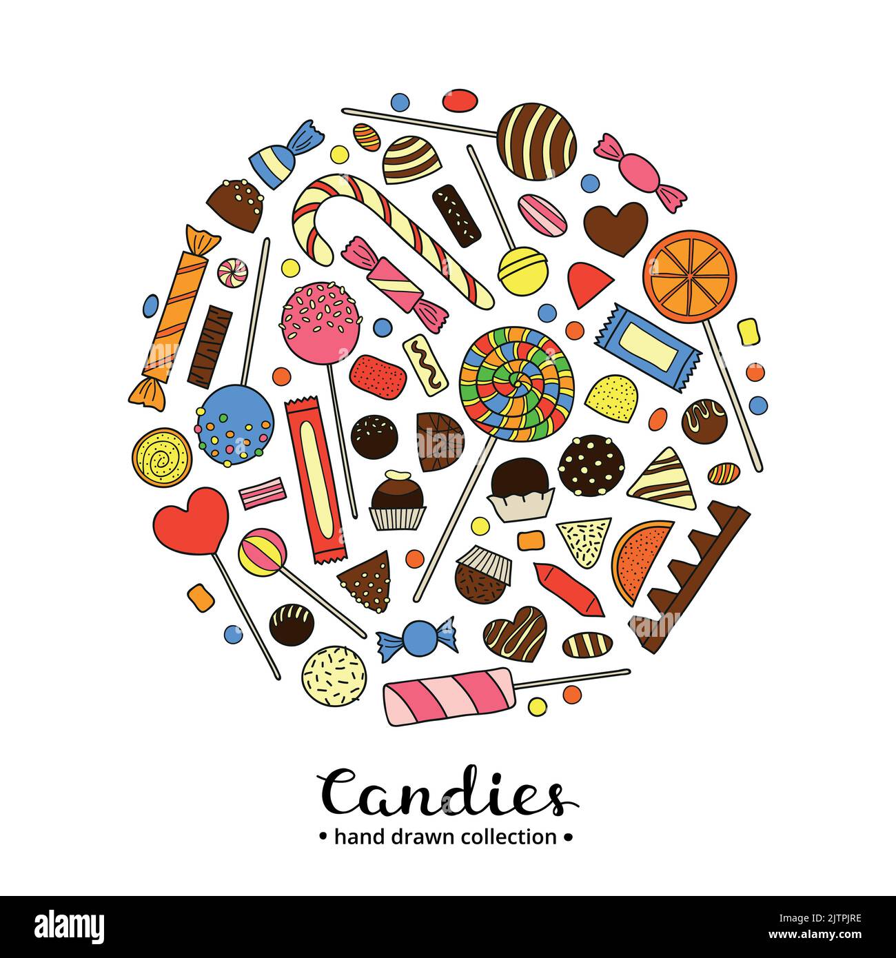 Hand drawn colorful candies including chocolate, jelly, lolly, fruit ...