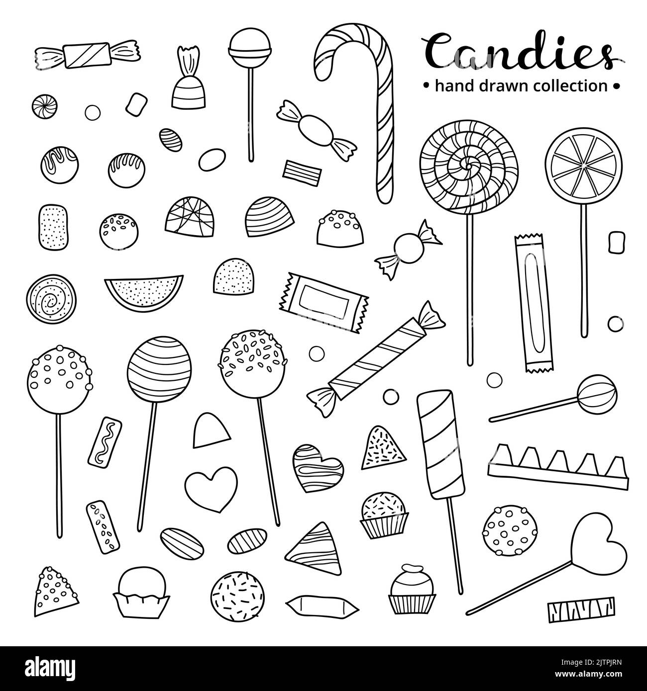 Collection of hand drawn outline candies including chocolate, jelly ...
