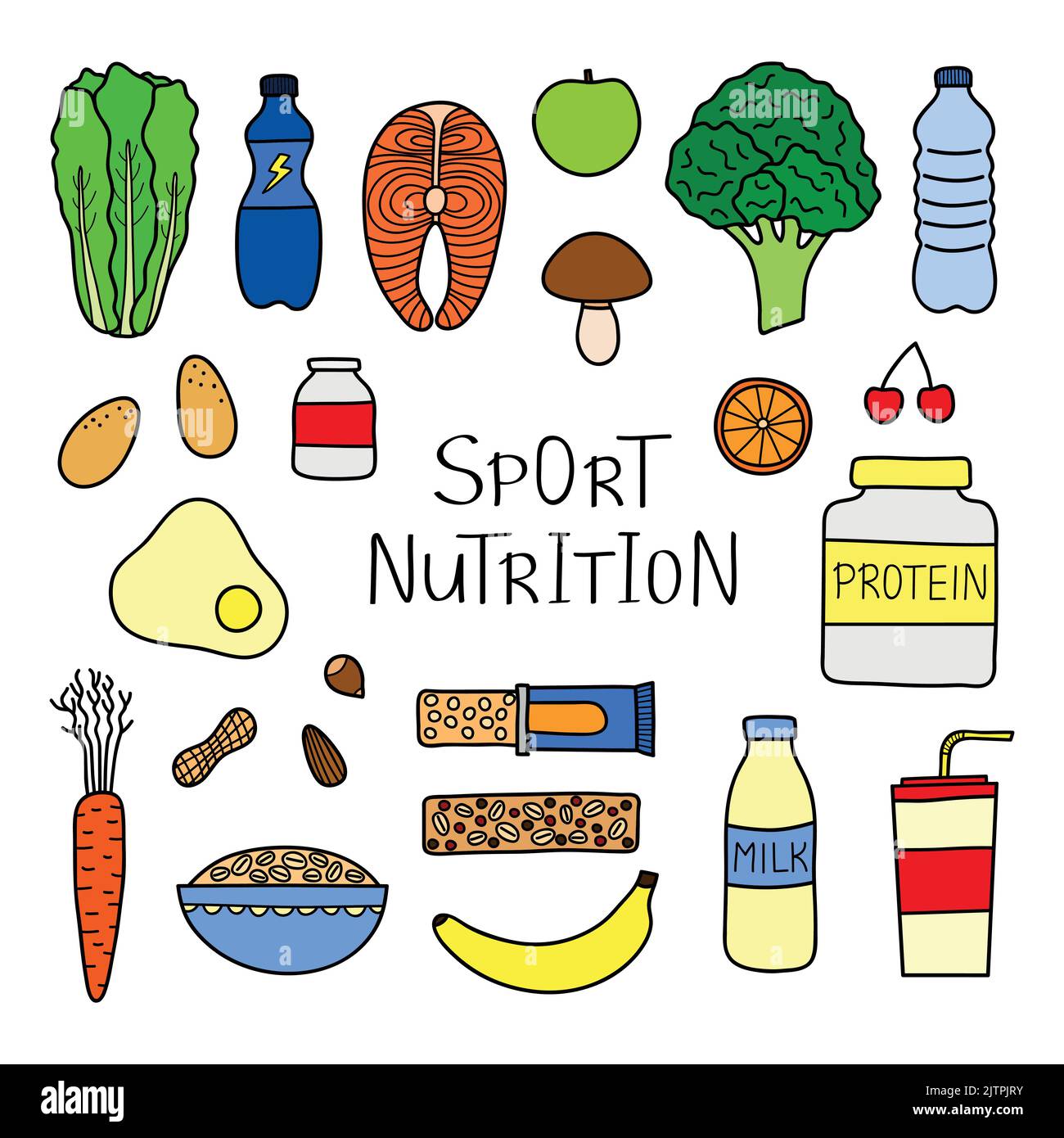 Hand drawn sport nutrition items including protein, fruits, nuts ...