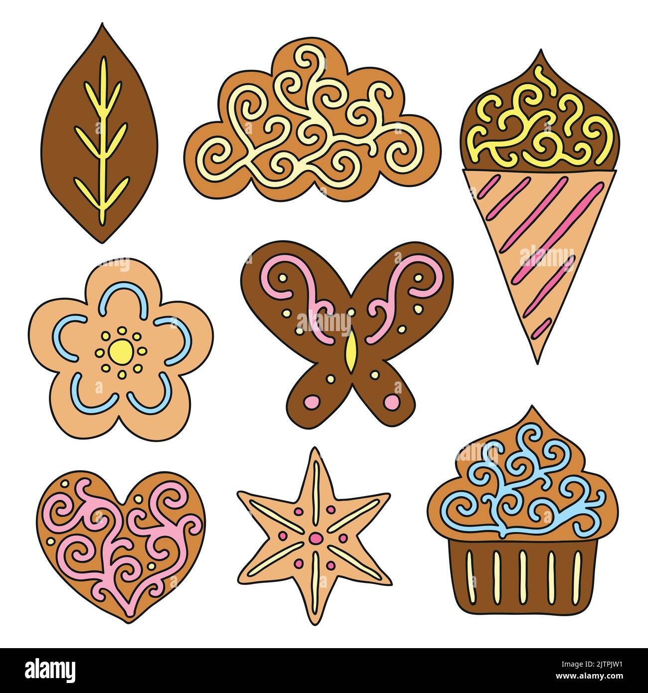 Collection of hand drawn cute colorful cookies with icing isolated on ...