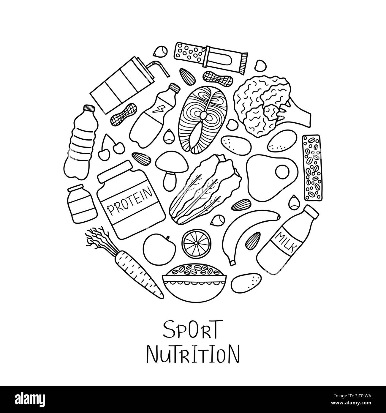 Hand drawn outline sport nutrition items including protein, fruits ...