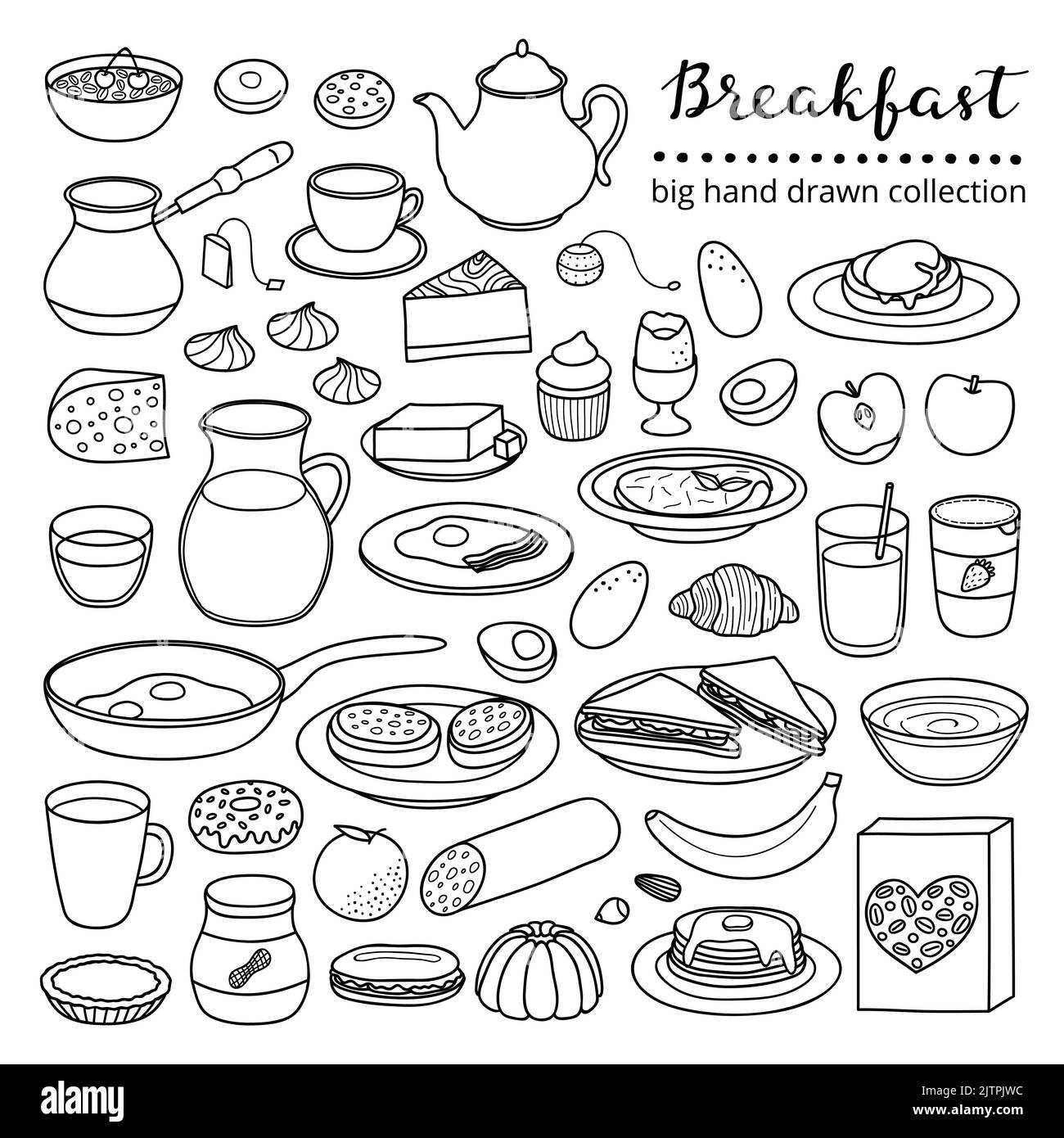 Collection of hand drawn outline buffet style breakfast dishes ...