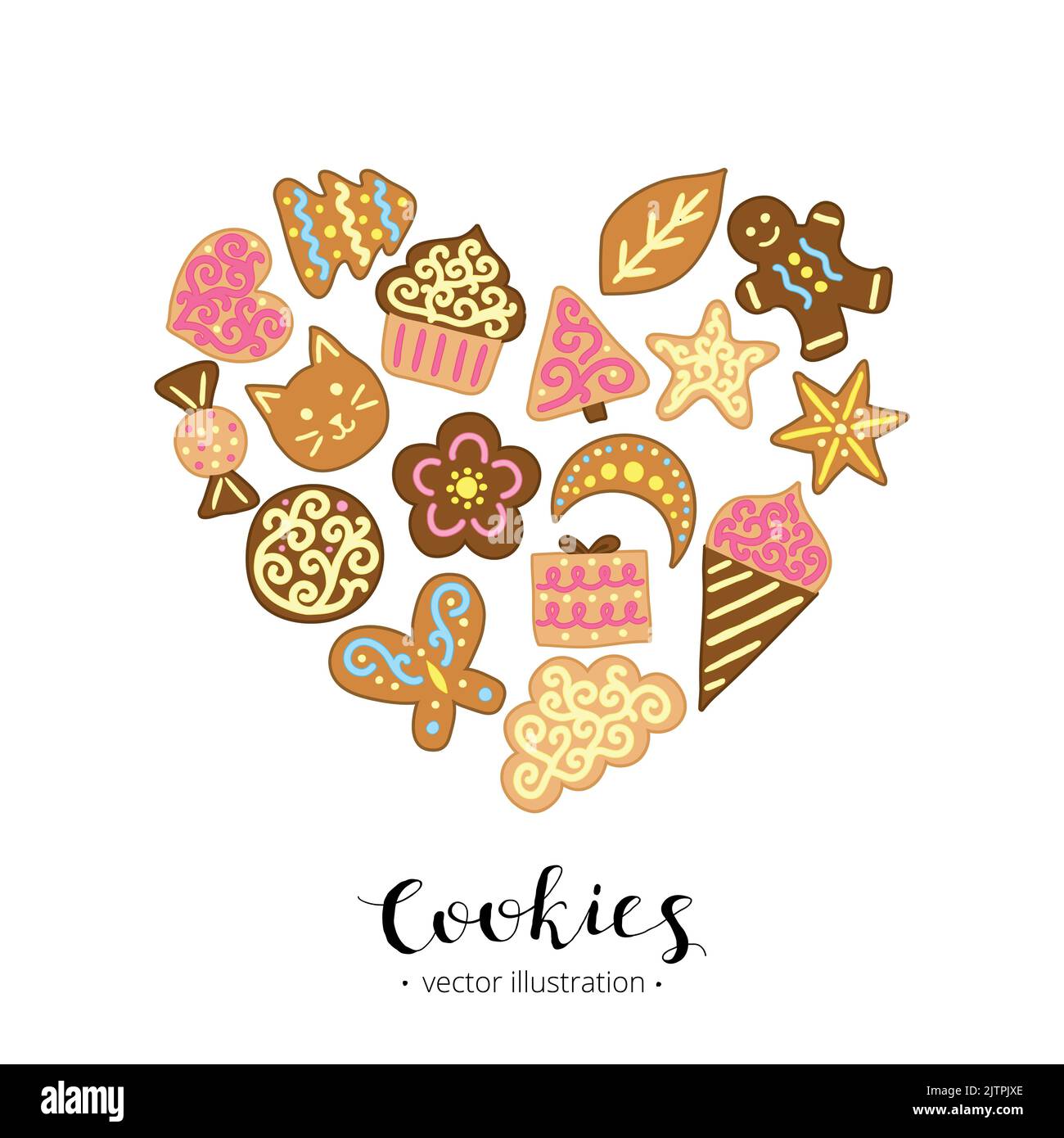 Cute cartoon colorful cookies with icing composed in heart shape with ...