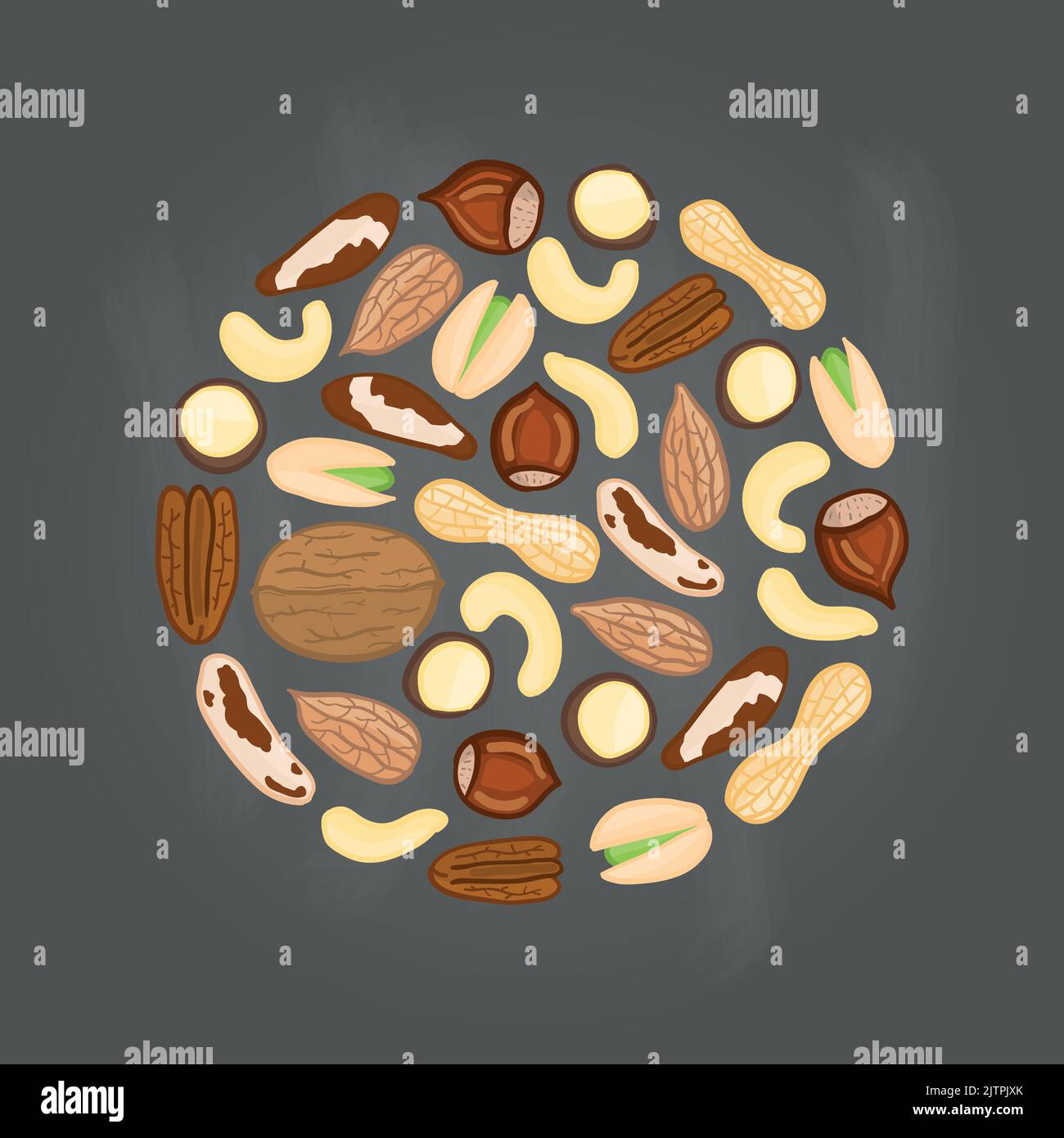 Colorful doodle nuts composed in circle shape on chalkboard background ...