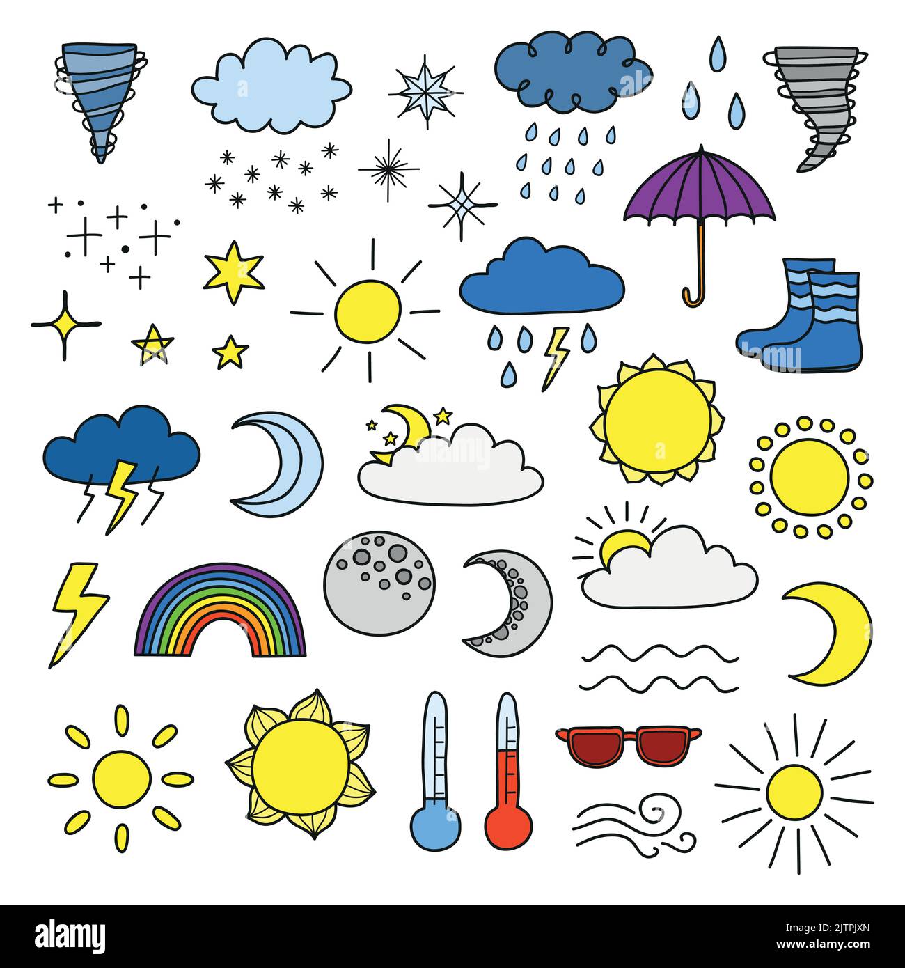 Collection of doodle weather icons including sun, clouds, rain drops ...