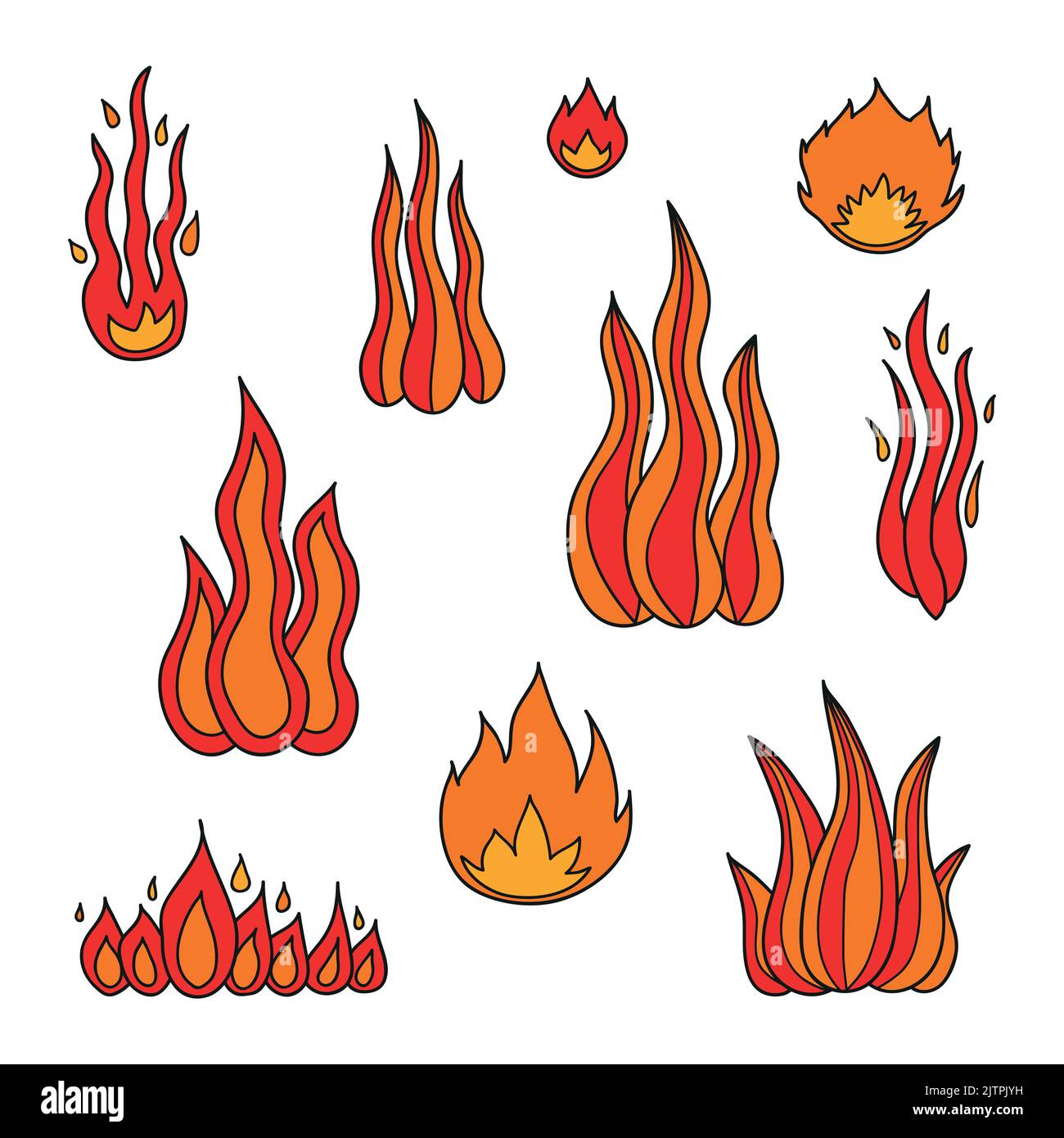 Set of colorful doodle fire flames isolated on white background Stock ...