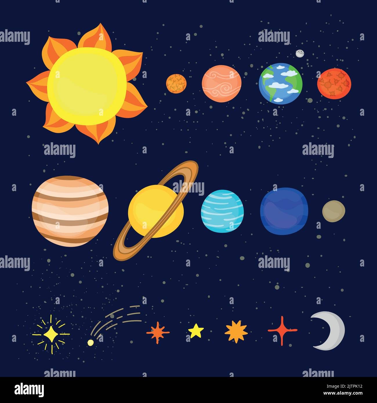 Set of colorful cartoon planets of the solar system isolated on blue ...