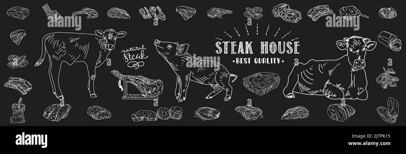 Vintage Butcher shop hand-drawn on a black chalkboard background ...