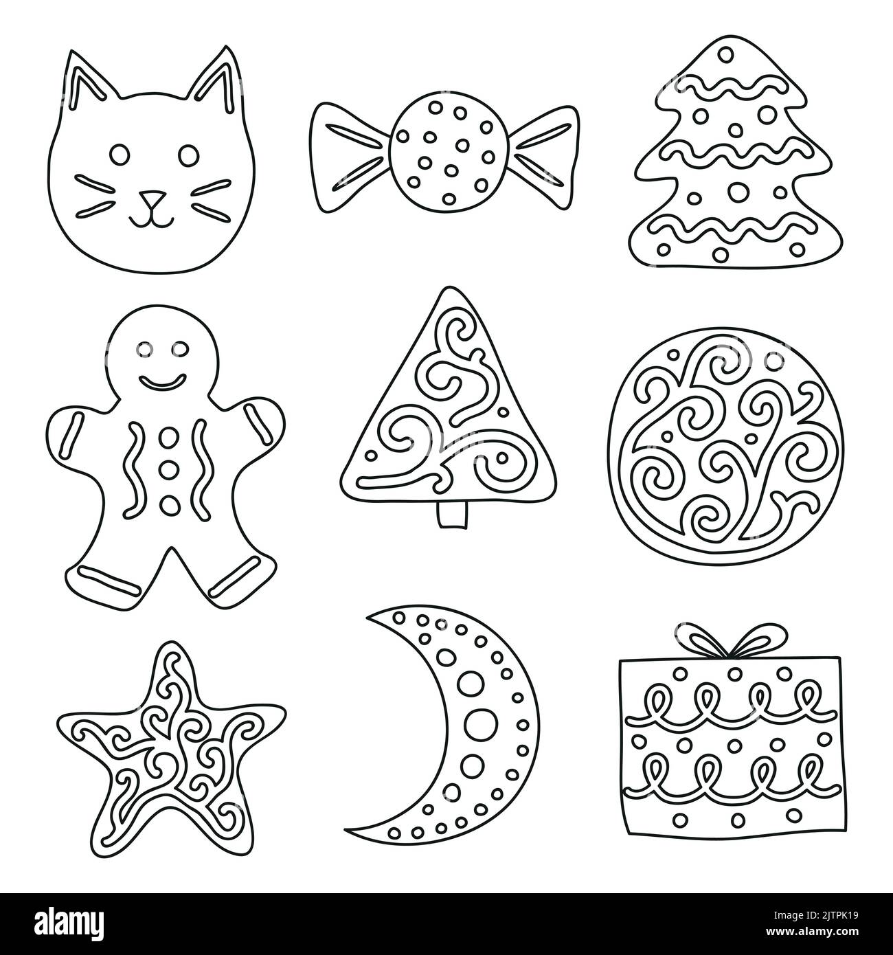 Collection of doodle cute outline cookies with icing isolated on white ...