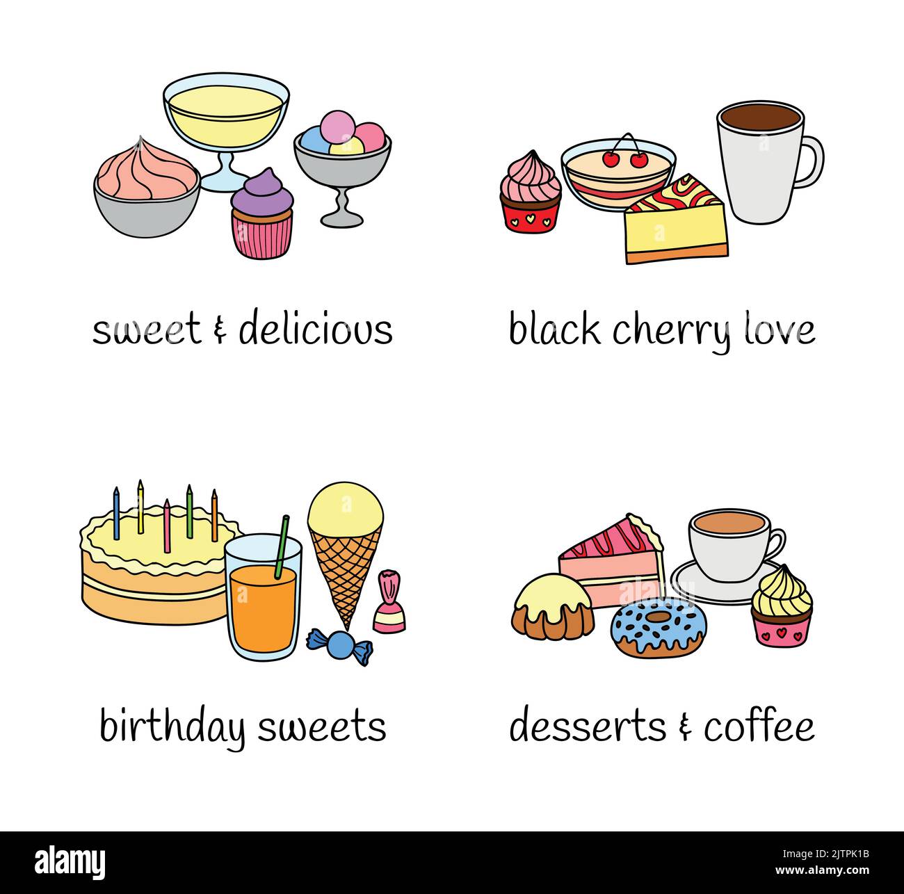 Different groups of desserts and beverages isolated on white background. Vector hand drawn ...