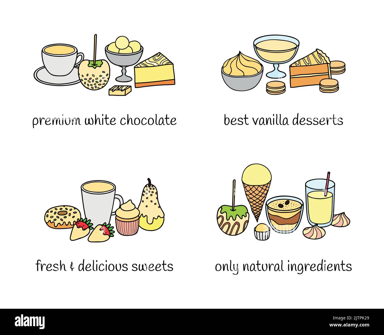 Different groups of desserts and sweets in white chocolate isolated on ...