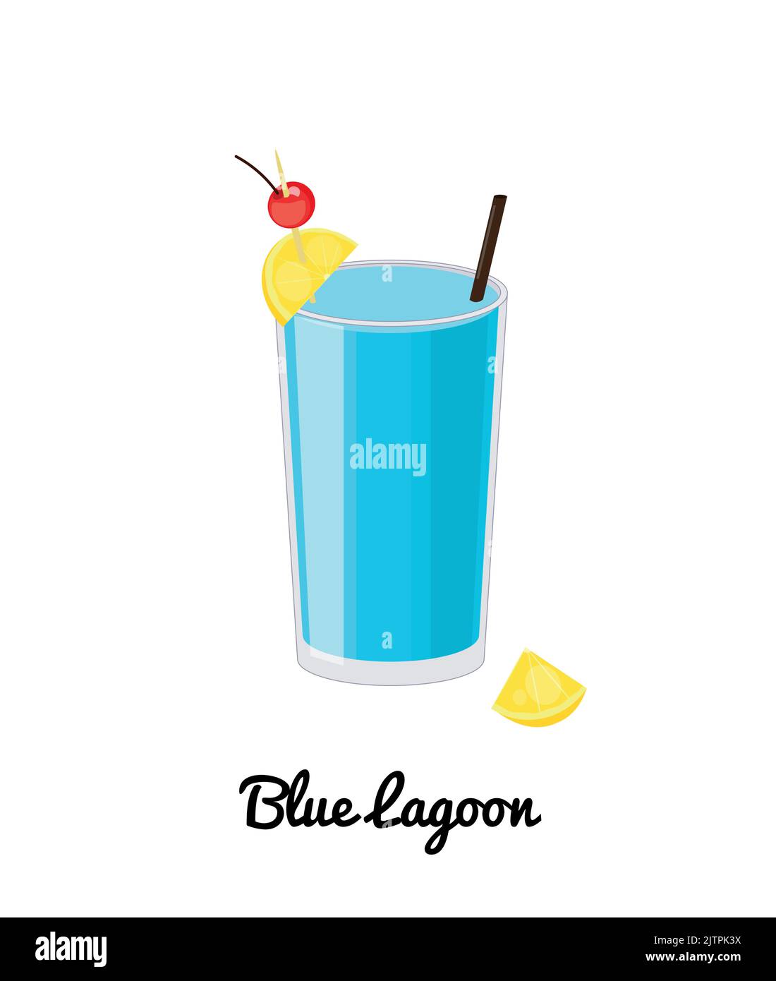 Blue Lagoon alcoholic cocktail with garnish in cartoon style isolated ...