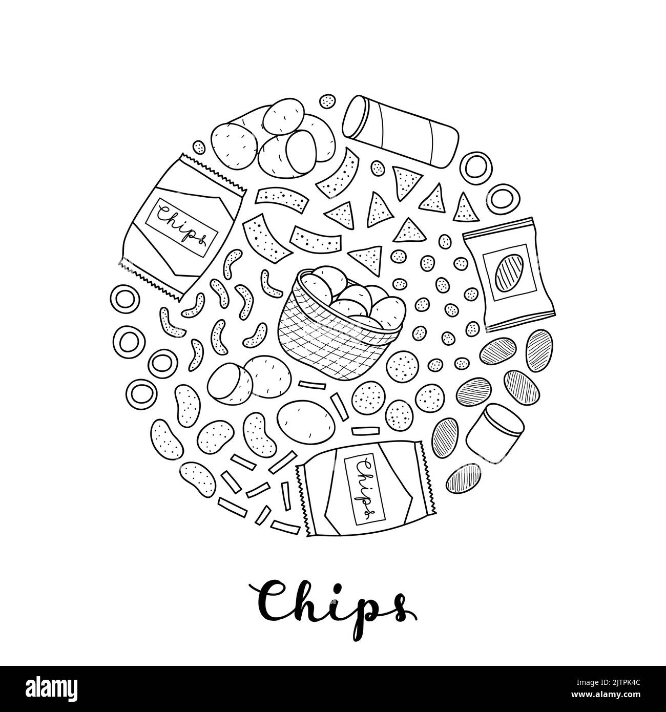 Hand drawn outline chips varieties, snacks, packs, tube boxes and ...