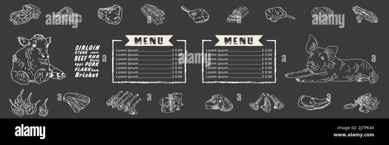 Vintage Butcher shop hand-drawn on a black chalkboard background ...