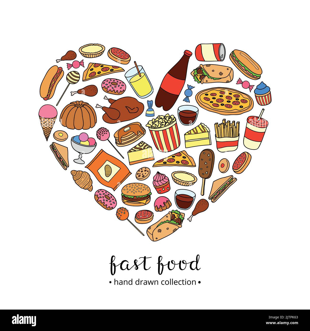 Hand drawn fast food meals composed in heart shape with lettering Stock ...