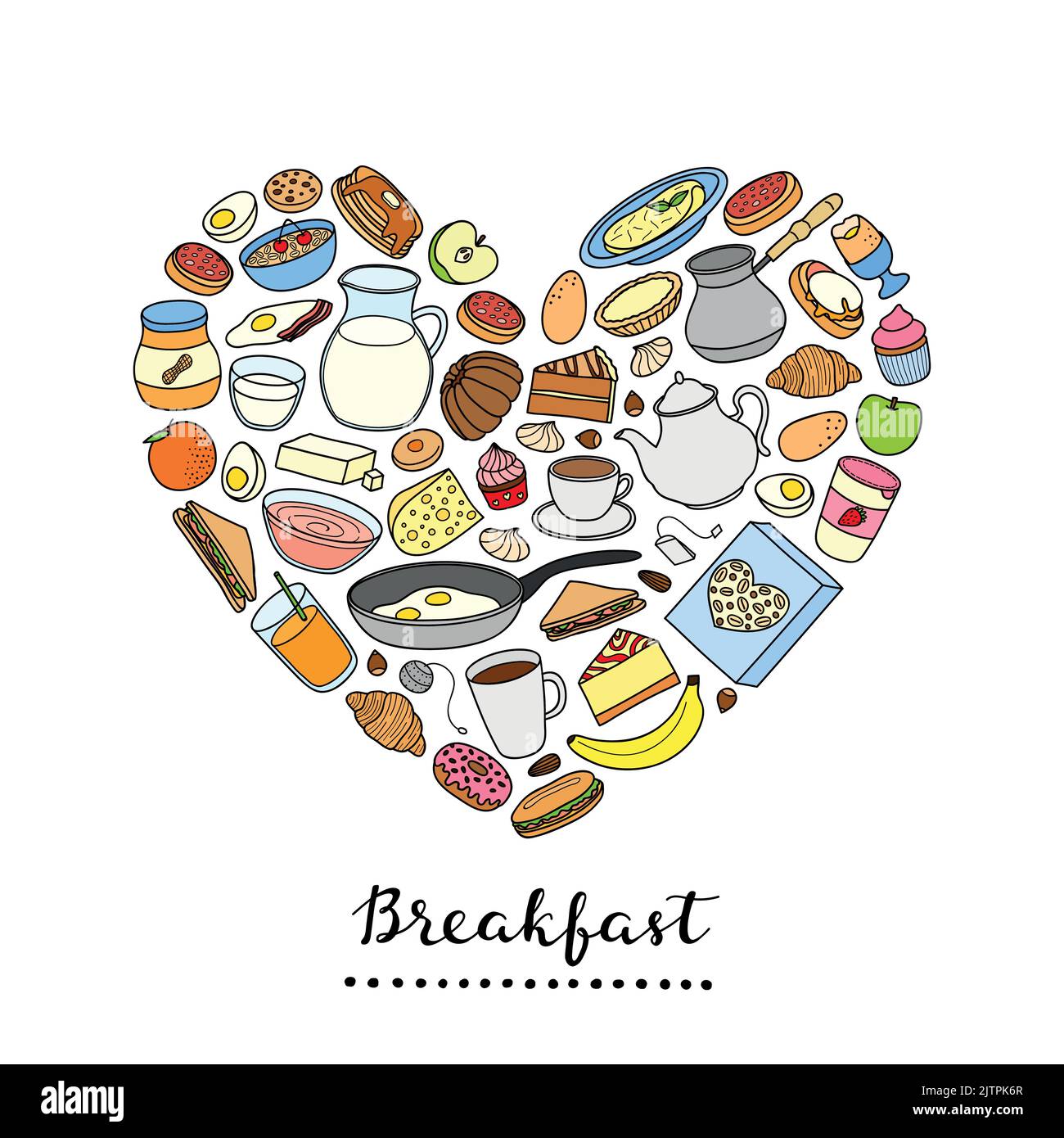 Hand drawn buffet style breakfast dishes including eggs, pancakes ...