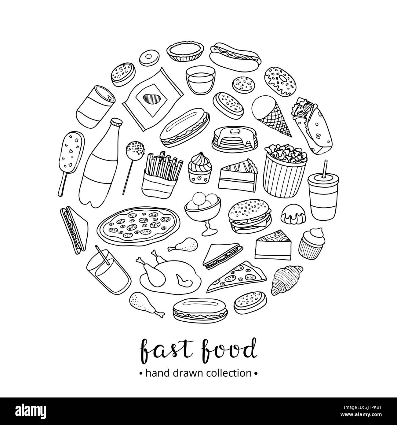 Hand drawn outline fast food meals composed in circle shape with ...