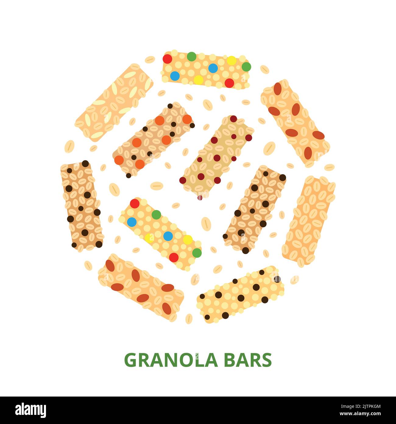 Different flat granola bars composed in circle shape on white ...
