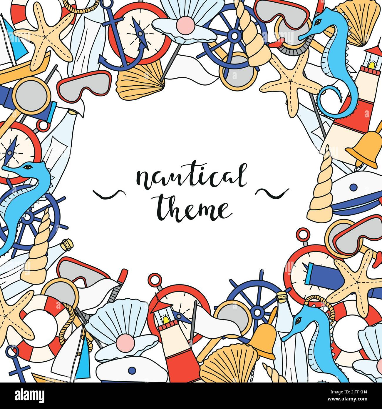 Square background with different colored doodle nautical marine items ...
