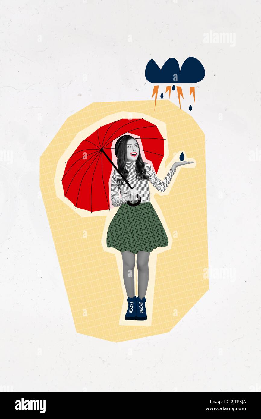 Collage artwork graphics picture of happy smiling lady walking enjoying ...