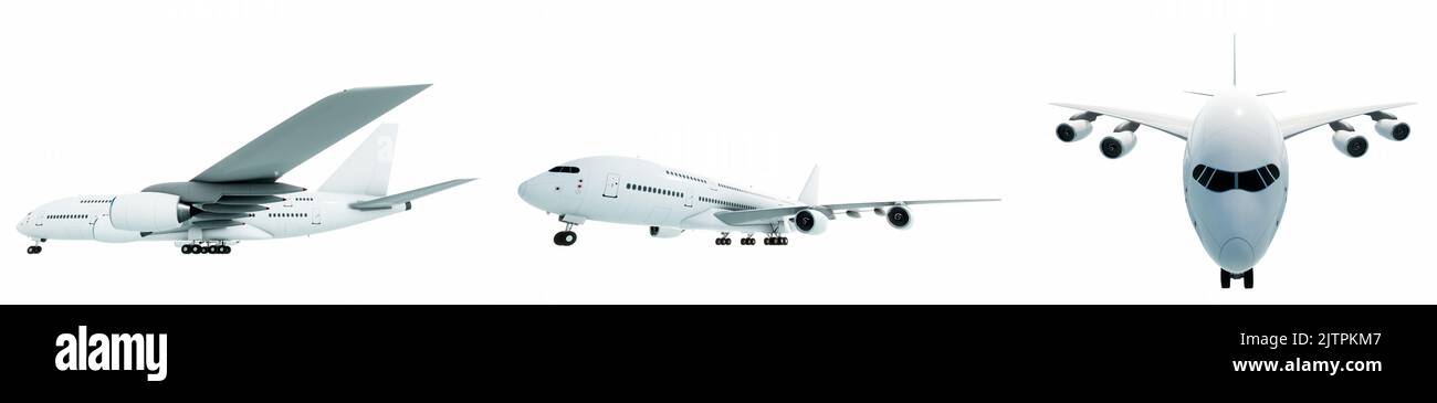 Conceptual set of three flying white passenger jetliner or commercial ...
