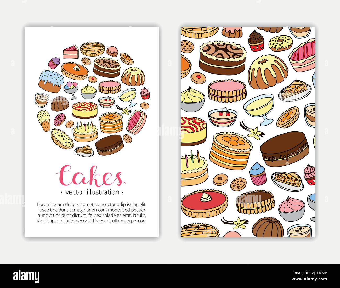 Card templates with doodle colored cakes, desserts and pies. Used ...
