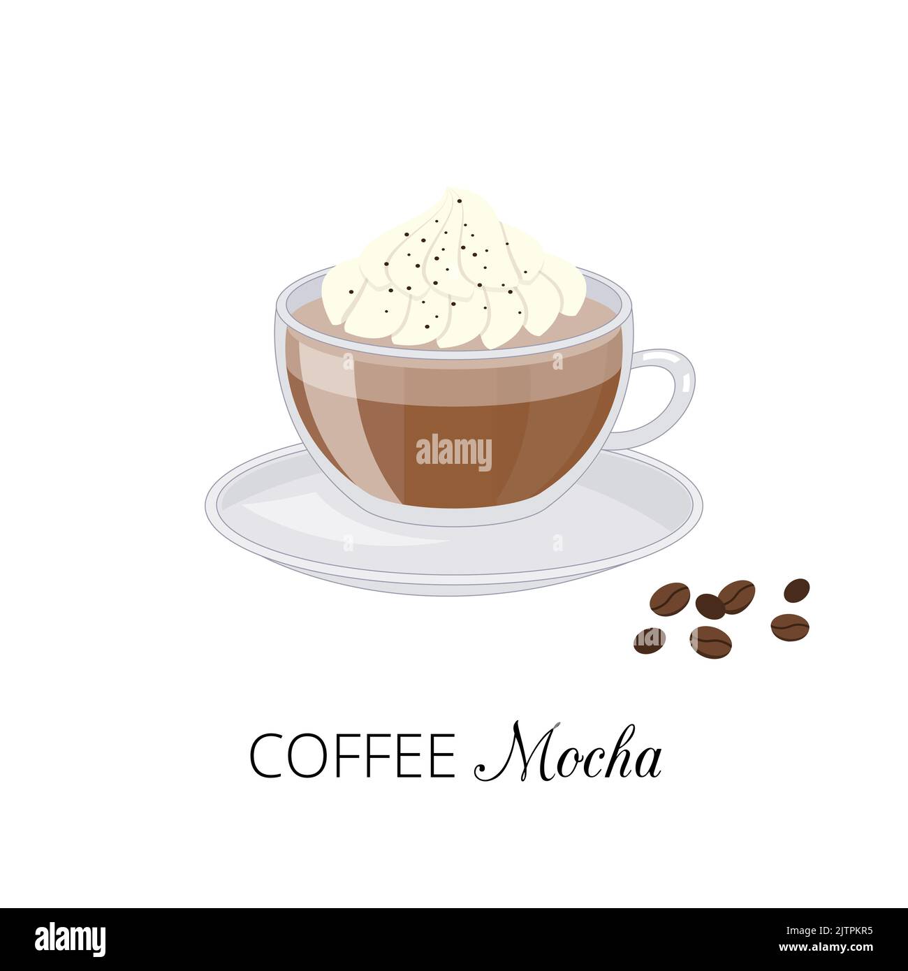 Cartoon coffee mocha with whipped cream in glass cup isolated on white ...