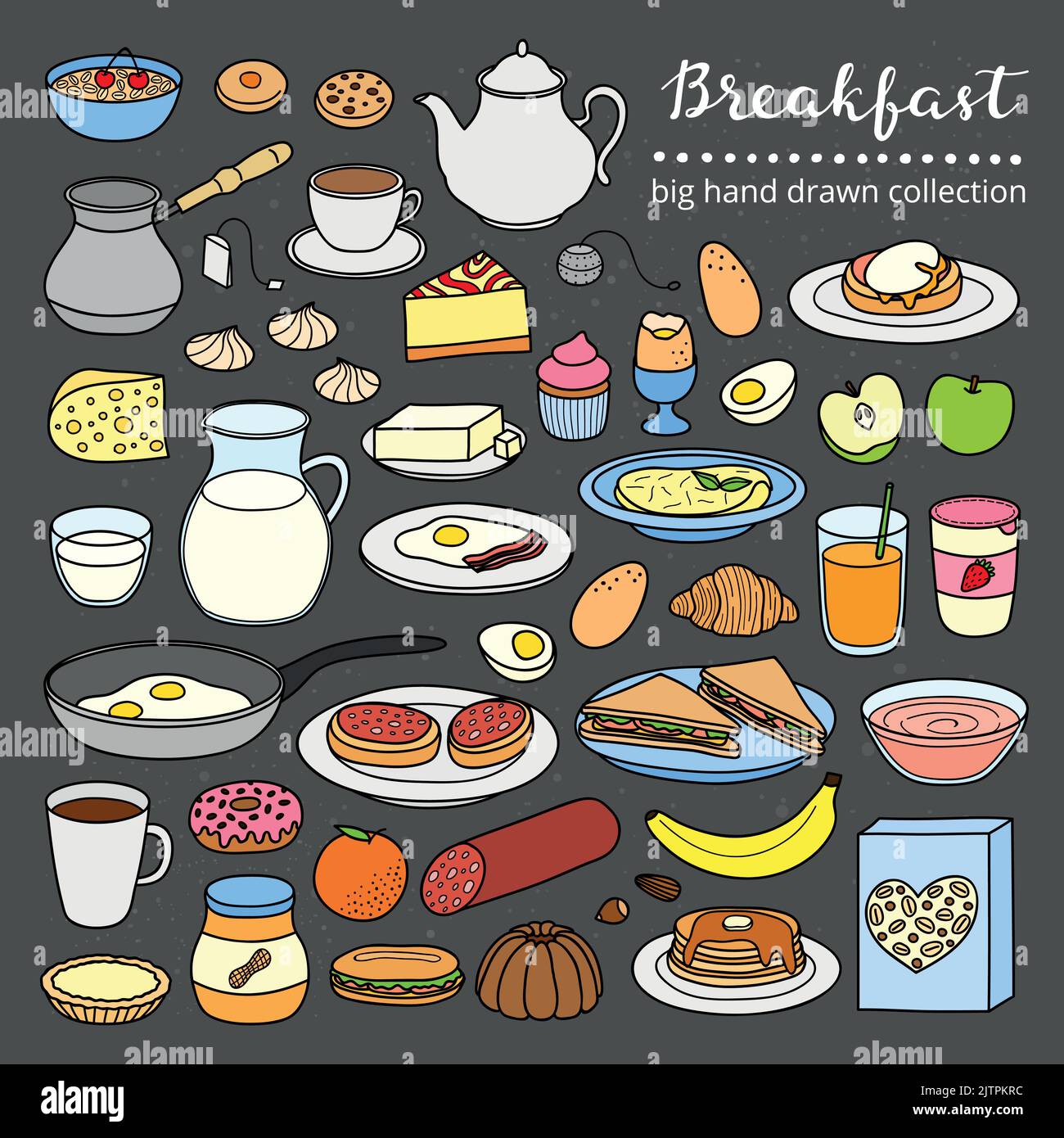 Collection of hand drawn buffet style breakfast dishes including eggs ...
