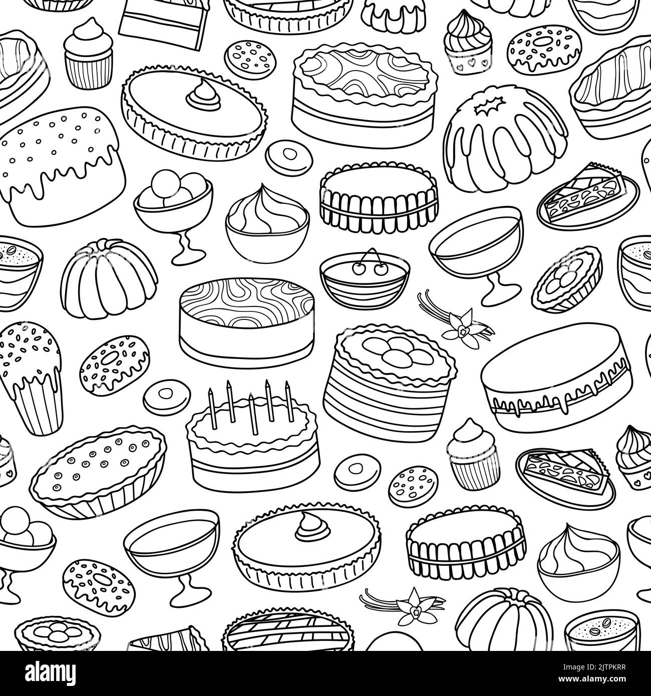 Black and white seamless pattern with different outline hand drawn cakes Stock Vector Image ...