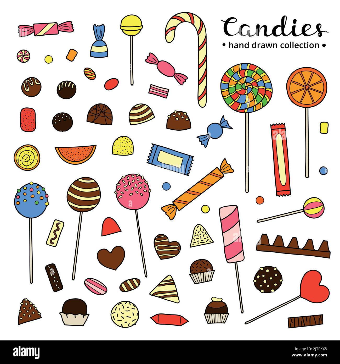 Collection of hand drawn colorful candies including chocolate, jelly ...